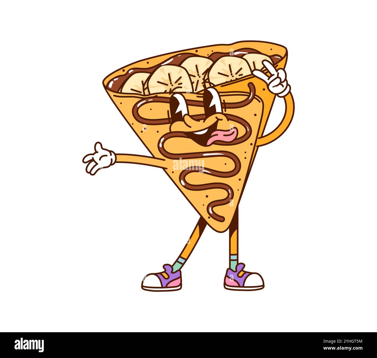 Cartoon groovy crepe dessert fast food character with playful face ...
