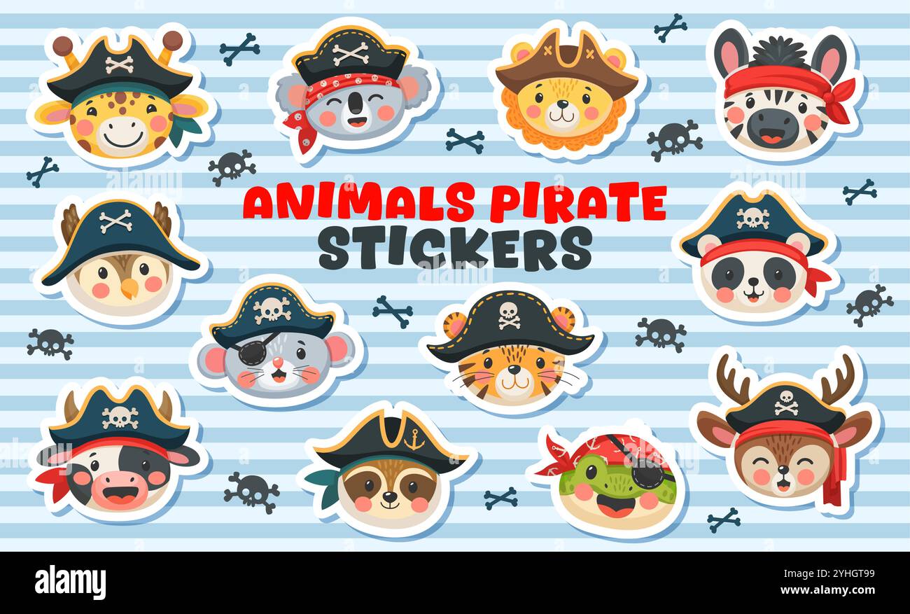 Cartoon animal pirates, filibusters and corsairs characters stickers ...