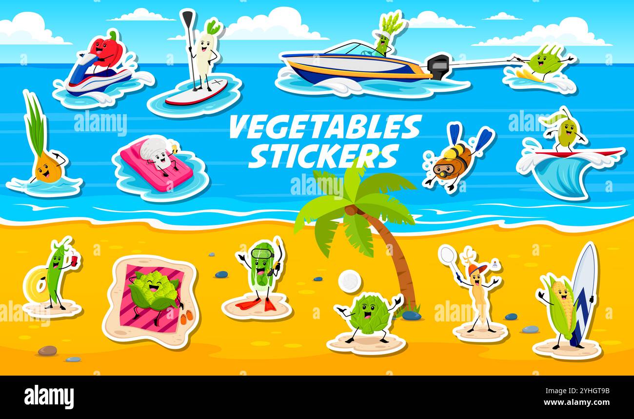 Stickers pack of cartoon vegetable characters on summer vacation ...