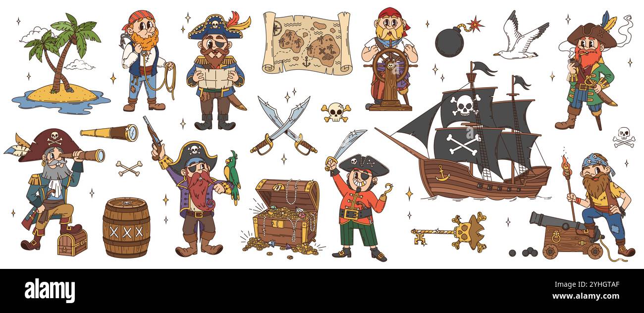 Cartoon groovy pirate and corsair characters with piracy ship, treasure ...