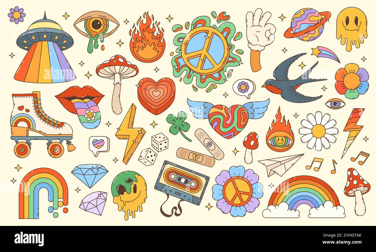 Groovy cartoon characters in retro hippie art, vector funky comic. 60s ...
