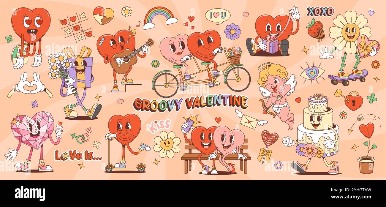 Cartoon groovy valentine characters and retro love symbols. Vector set ...