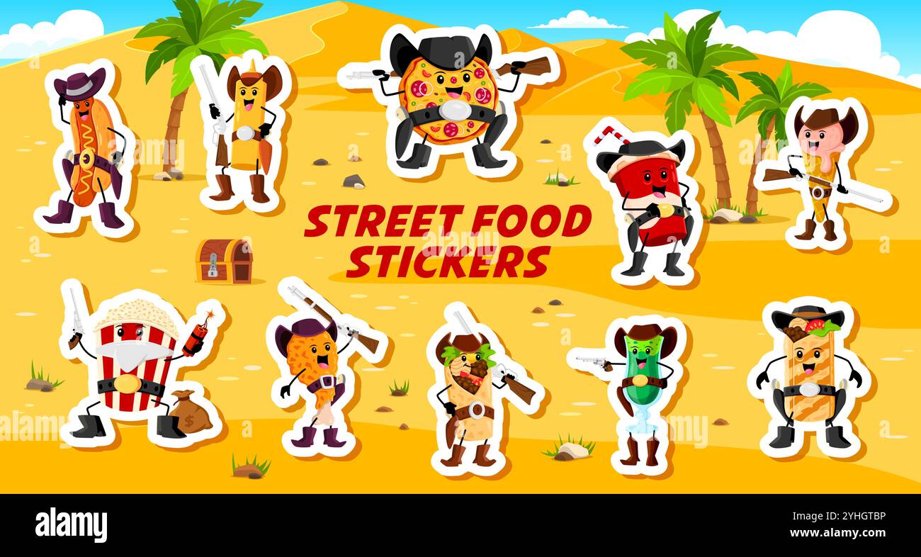 Stickers of cartoon fast food cowboy and ranger, sheriff, robber and ...