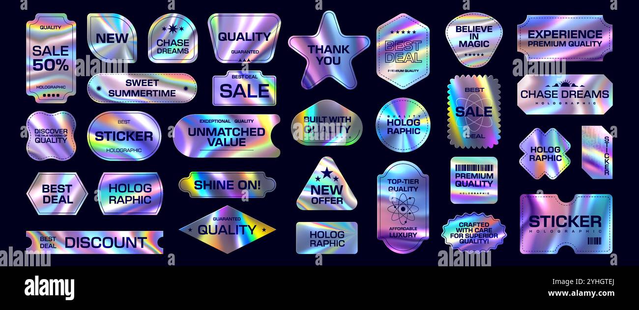 Hologram y2k stickers, iridescent gradient labels and badges. Vector ...