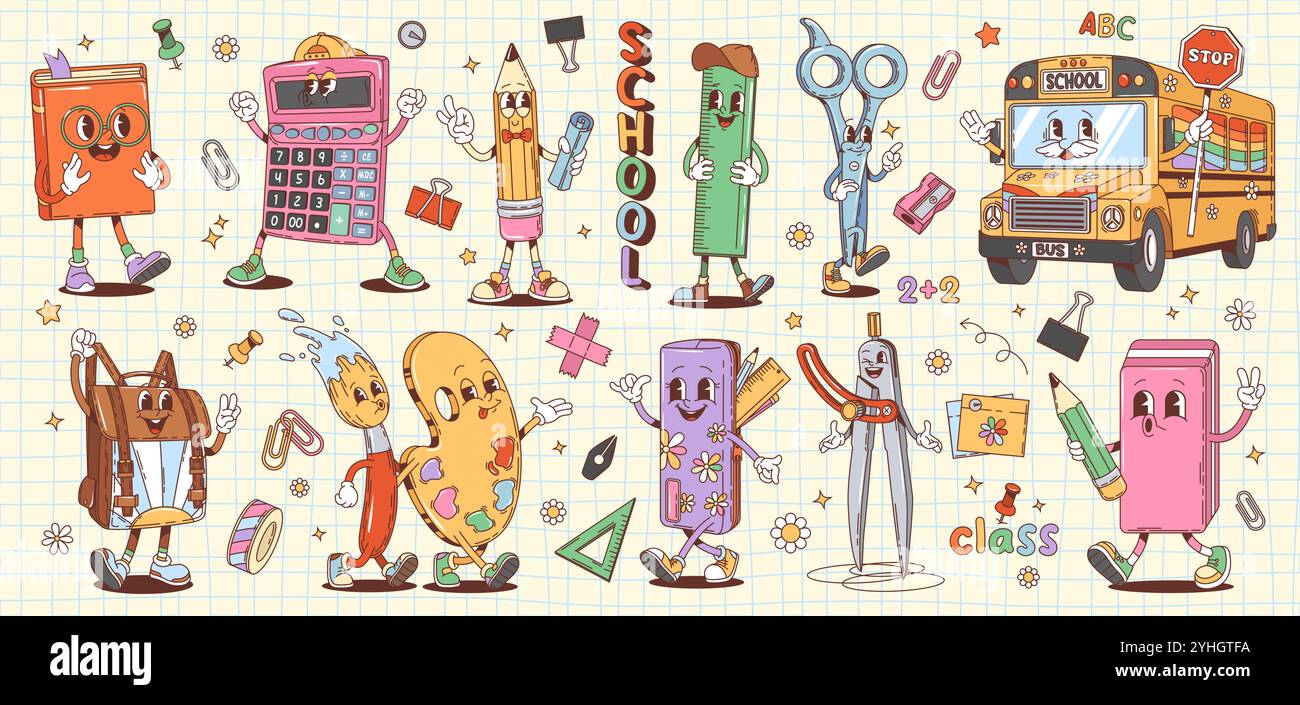 Retro cartoon groovy school education characters, back to school vector ...