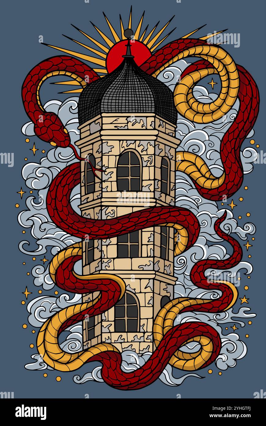 Hand drawn colorful vector illustration with old tower and snake ...
