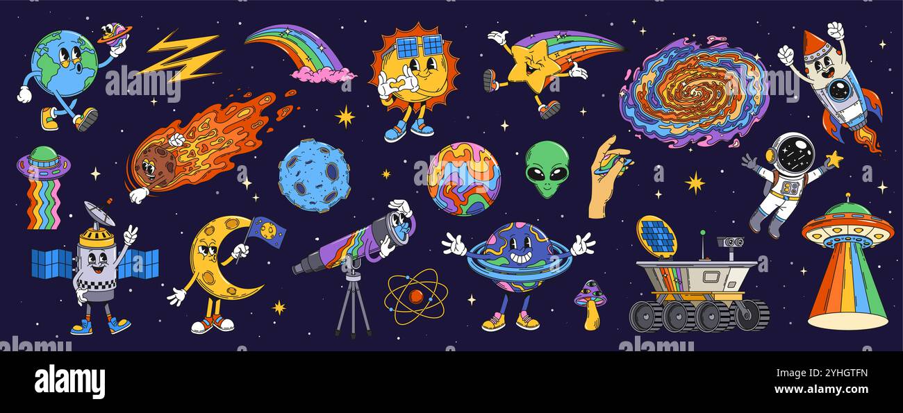 Retro cartoon groovy space characters. Planets, astronaut, rocket and ...