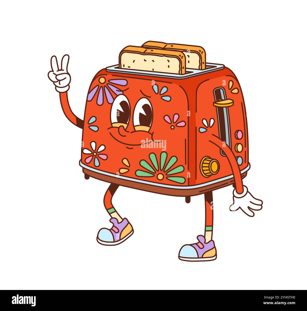 Groovy toaster character with smiling face, peace sign and fried toast ...