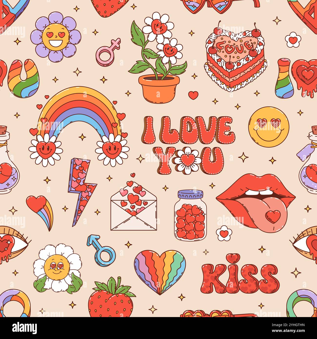 Retro groovy hippie love pattern of hearts and rainbows in 70s cartoon art, vector background ...