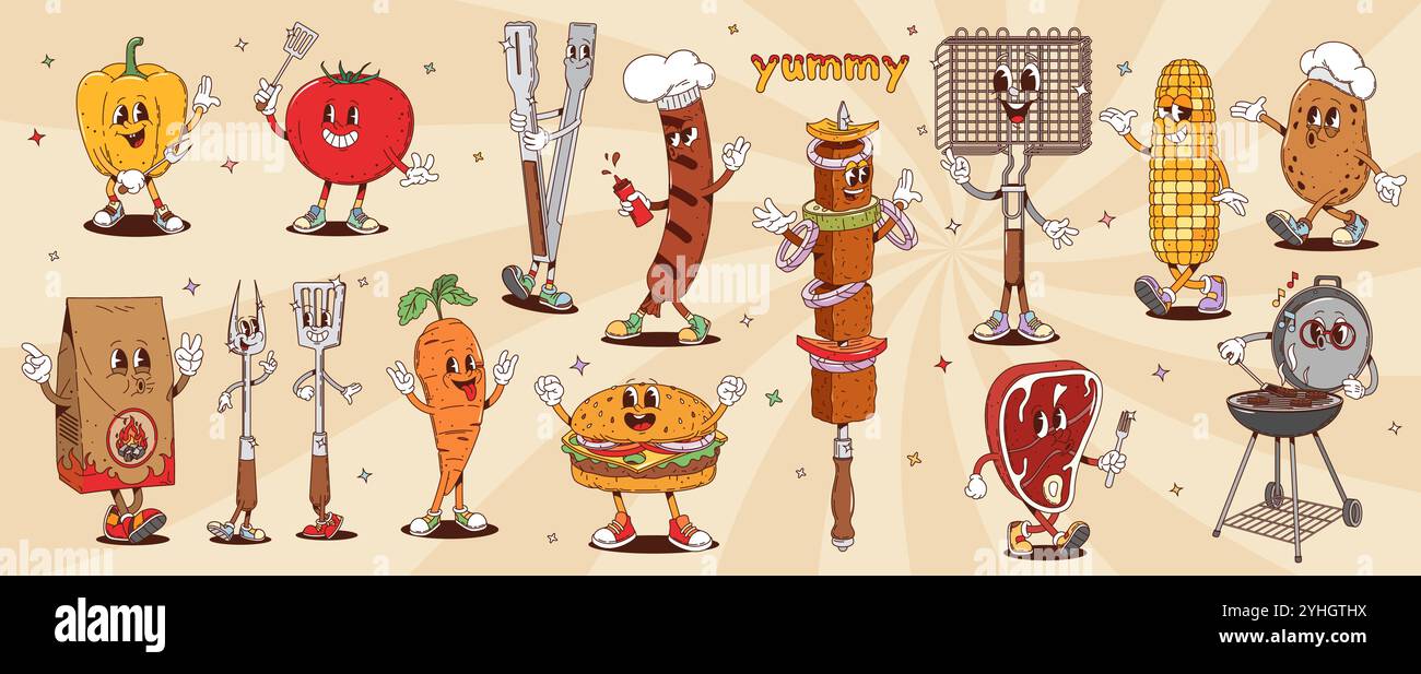 Retro groovy barbeque characters, cartoon bbq grill personages. Vector ...