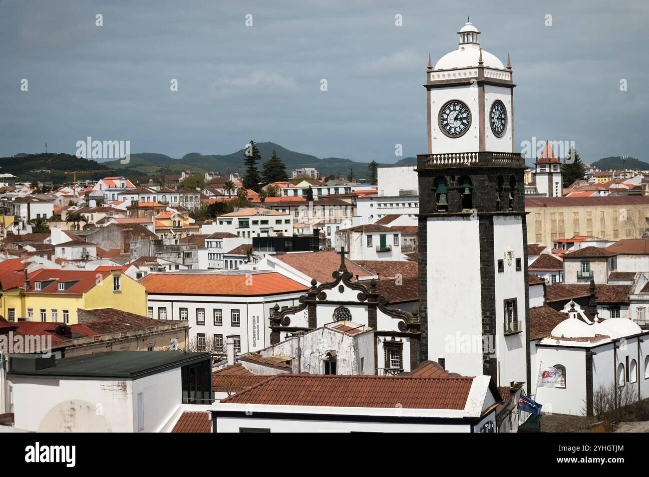 Aerial view of Porta Delgada old town old houses on sunny day Azores ...