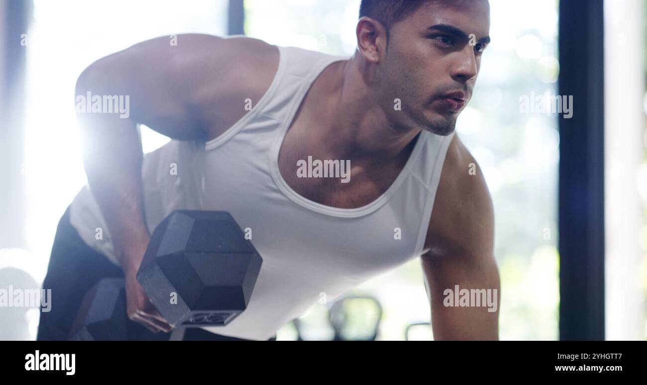 Fitness, man and weights with training in gym for strong muscles, biceps growth and exercise ...