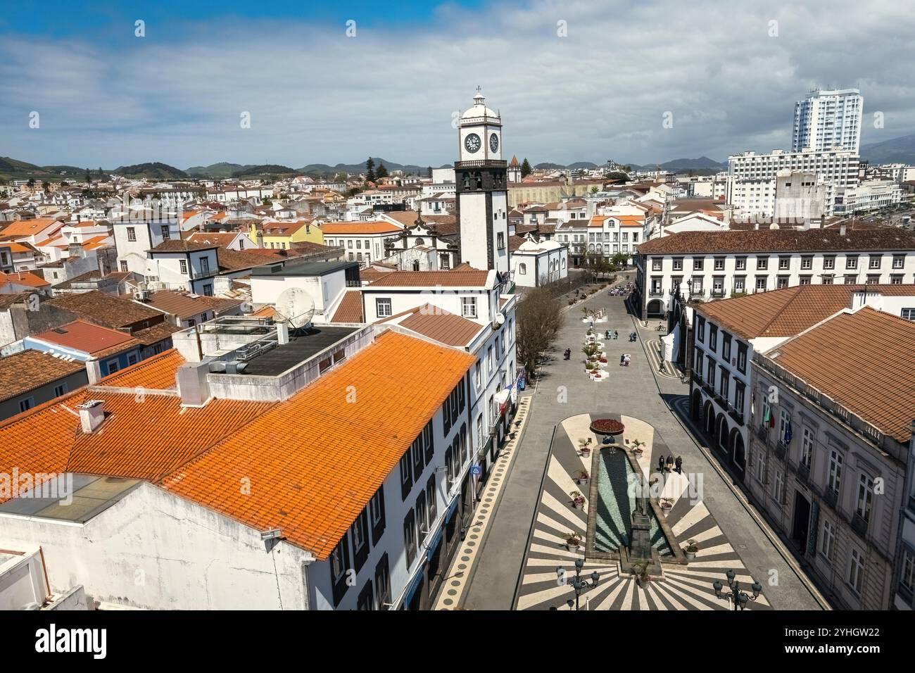 Aerial view of Porta Delgada old town old houses on sunny day Azores ...