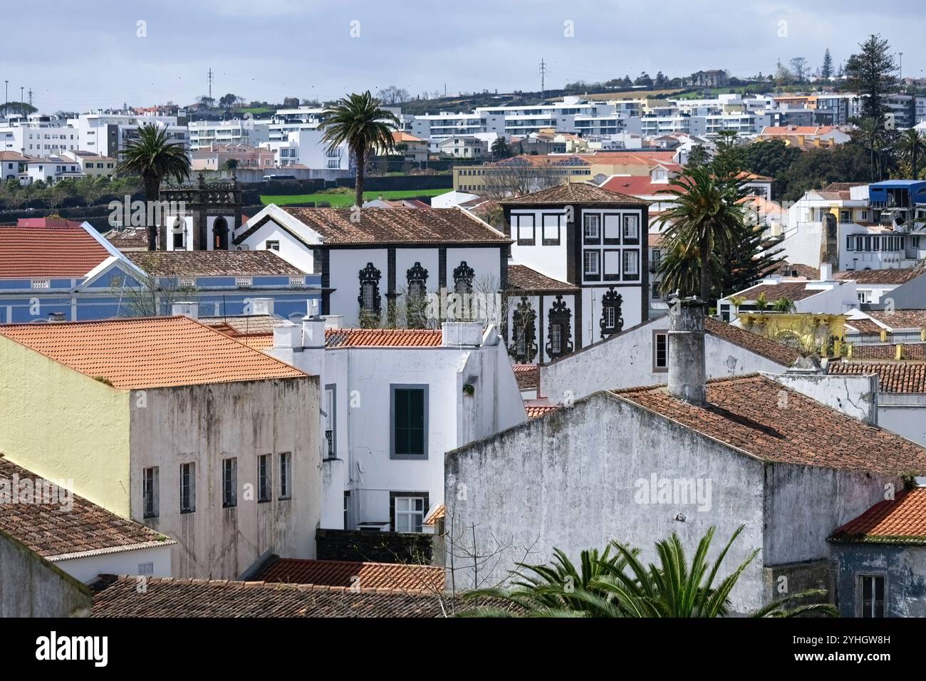 Aerial view of Porta Delgada old town old houses on sunny day Azores ...