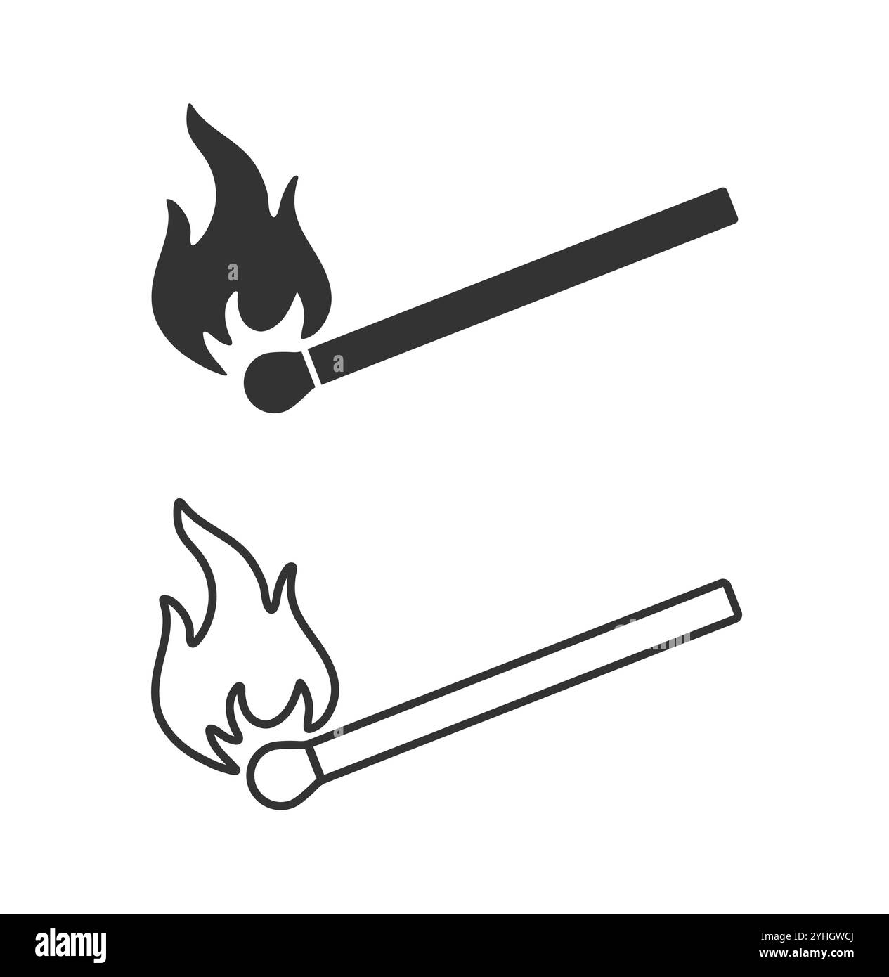 Burning match with fire icon symbol. Line art stroke. Match stick flame ...