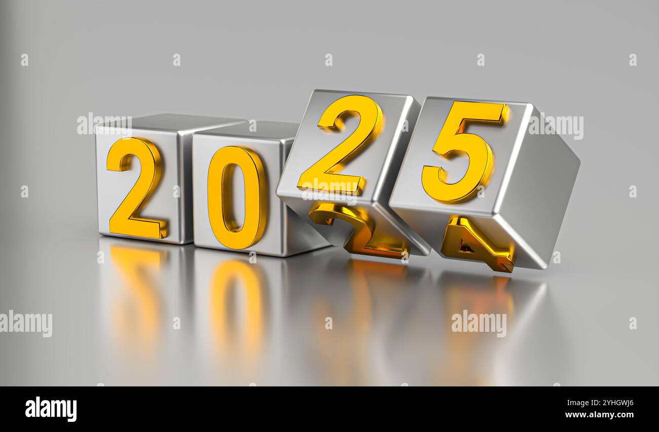 New year holiday concept. Cubes with number 2025 replace 2024. Abstract ...