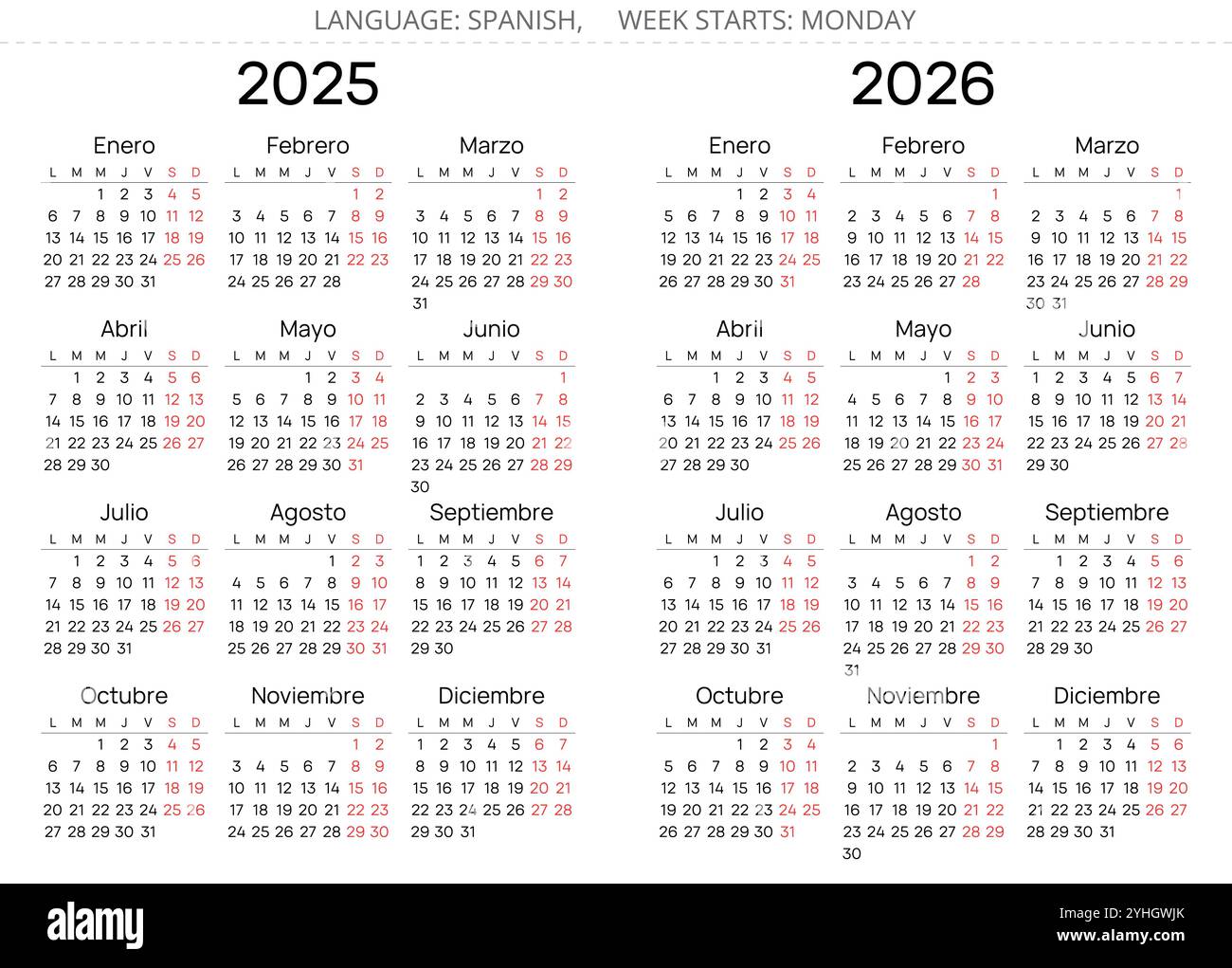 2025 and 2026 vertical spanish year calendars. Simple vector ...