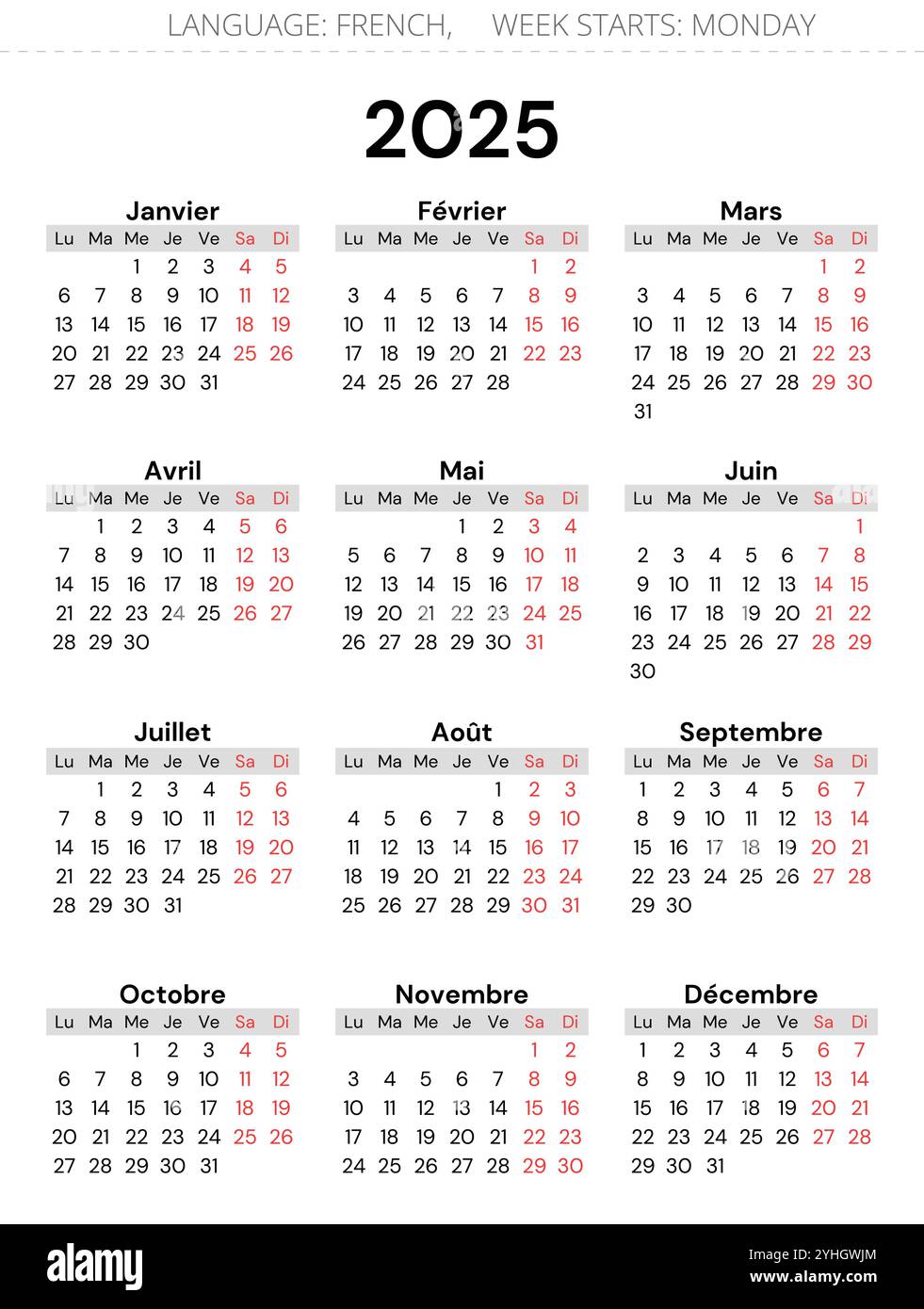 2025 FRENCH calendar. Vector simple illustration for France. 12 months ...