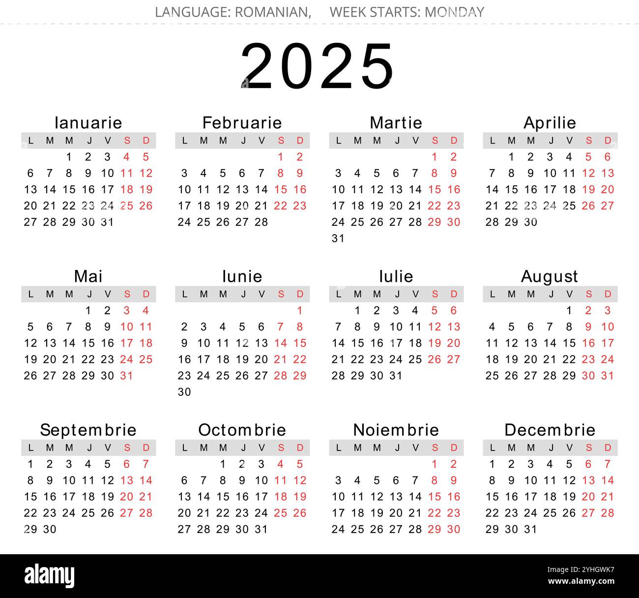 2025 romanian calendar. Printable and editable vector illustration for ...