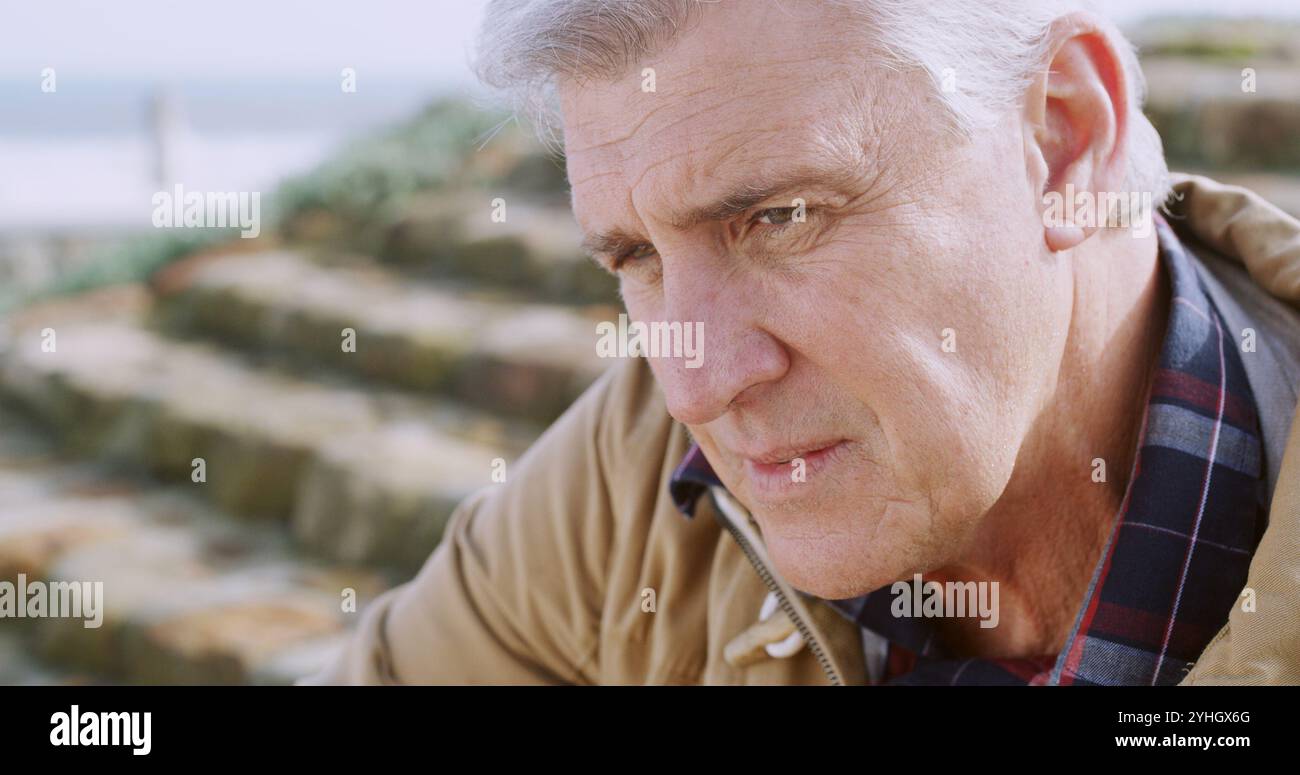 Sad, outdoor and mature man with thinking, stress and struggle to ...