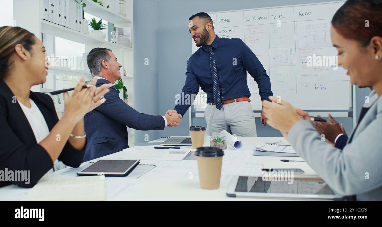 Handshake, planning and applause with business people in meeting for ...