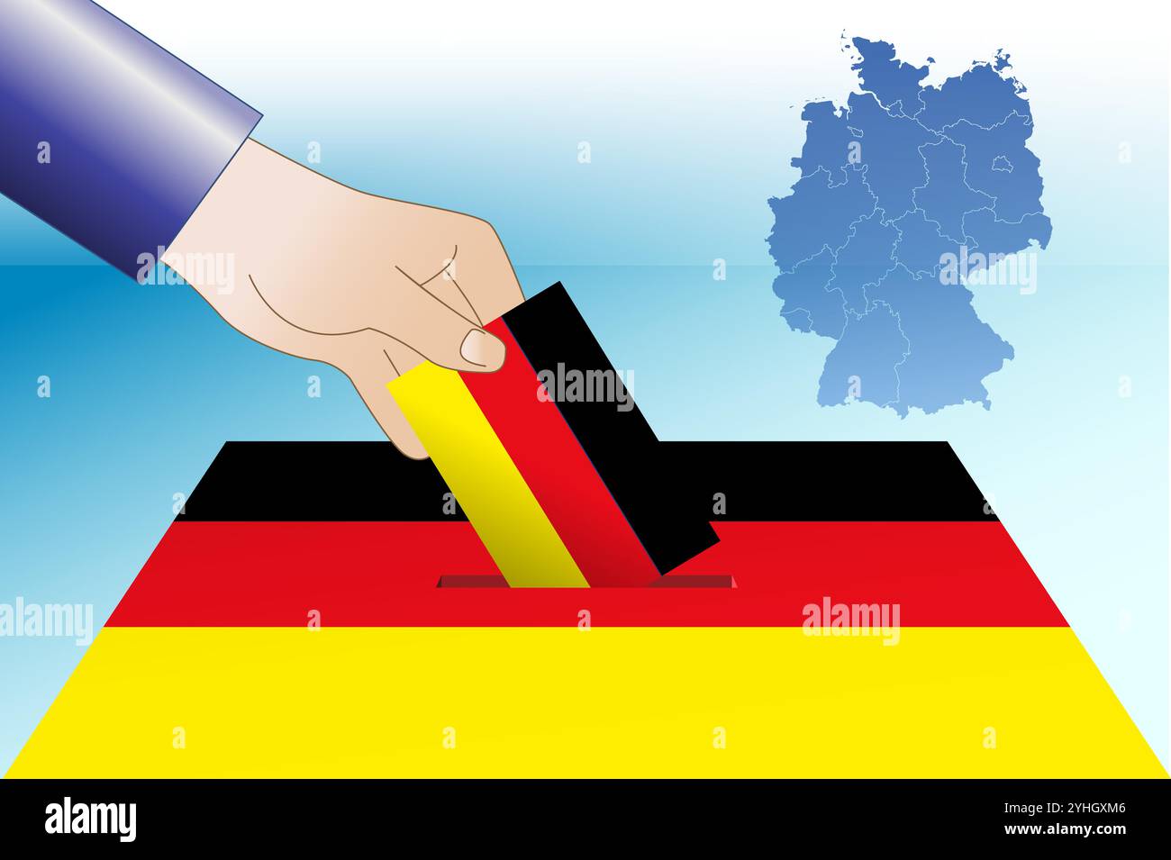 Germany elections, ballot box with german flag colors, hand inserts ...