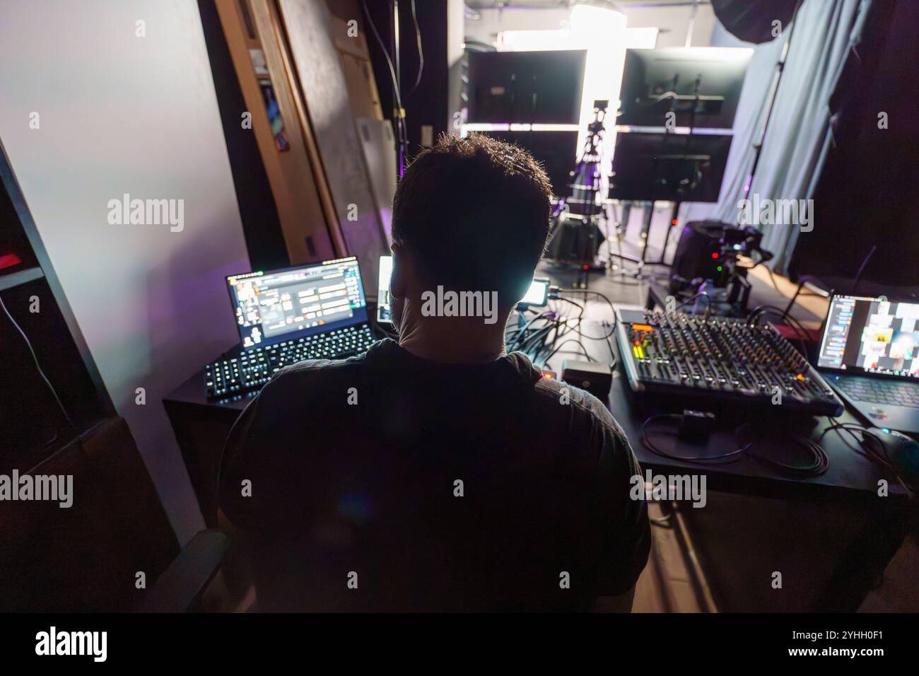 Experienced Mature Male TV Director Operating Control Panel in Studio ...