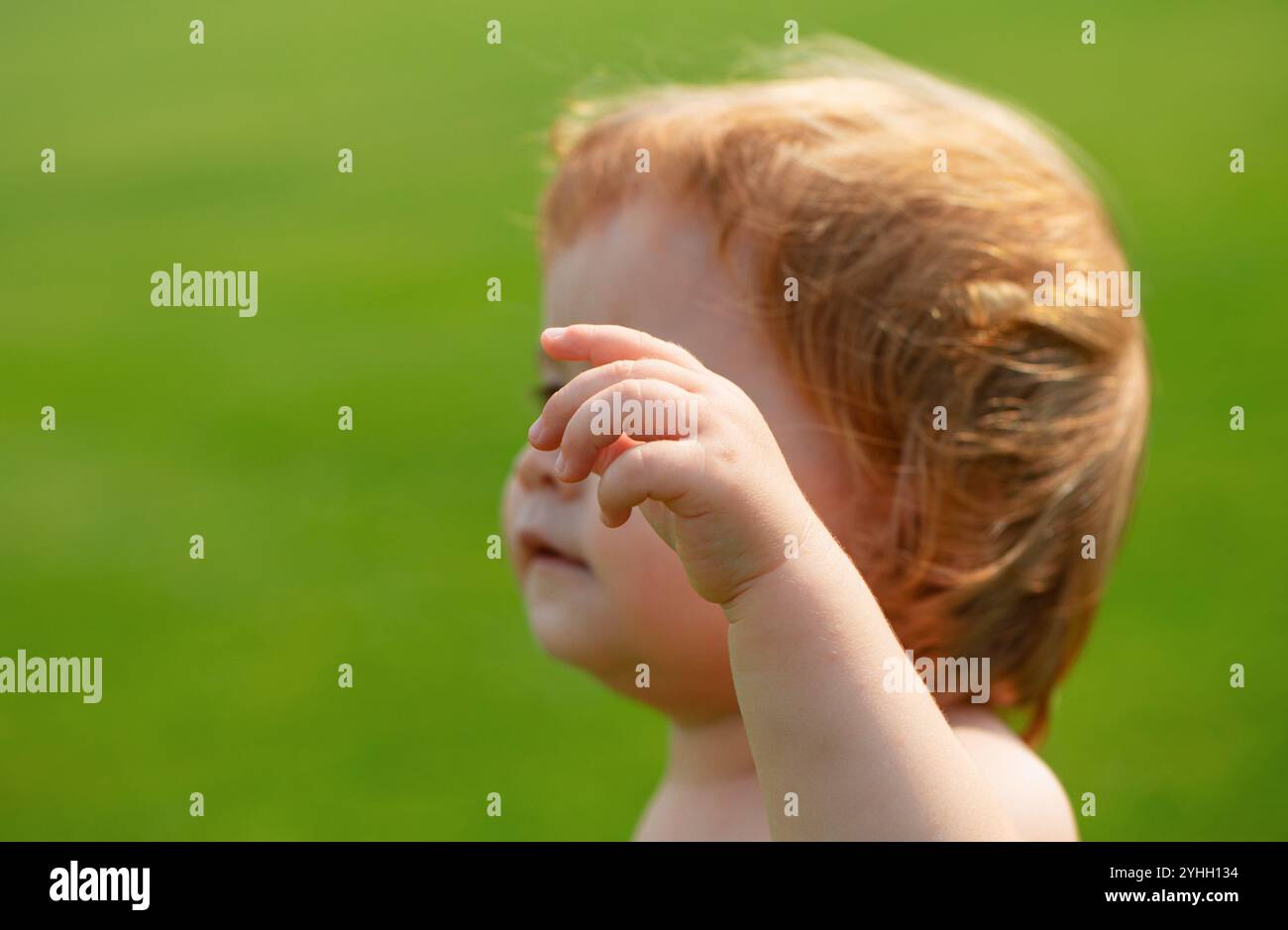Baby face close up. Funny little child closeup portrait. Blonde kid ...