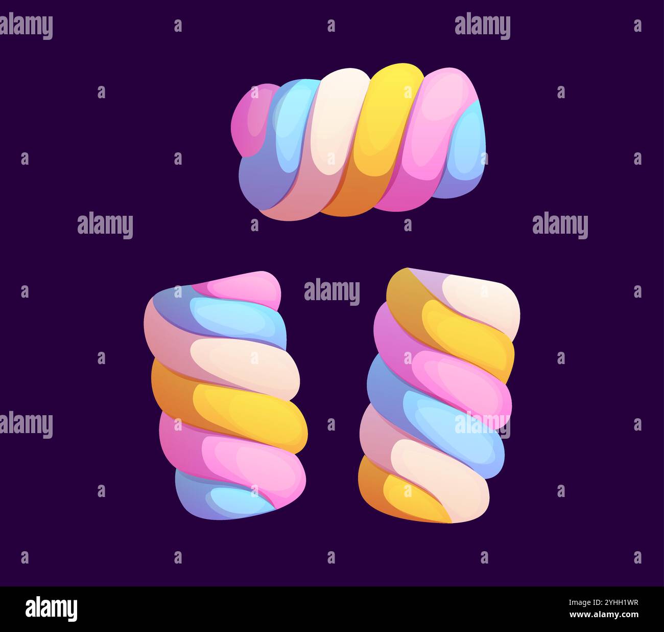 Cartoon marshmallow, three colorful, twisted marshmallows with vibrant ...