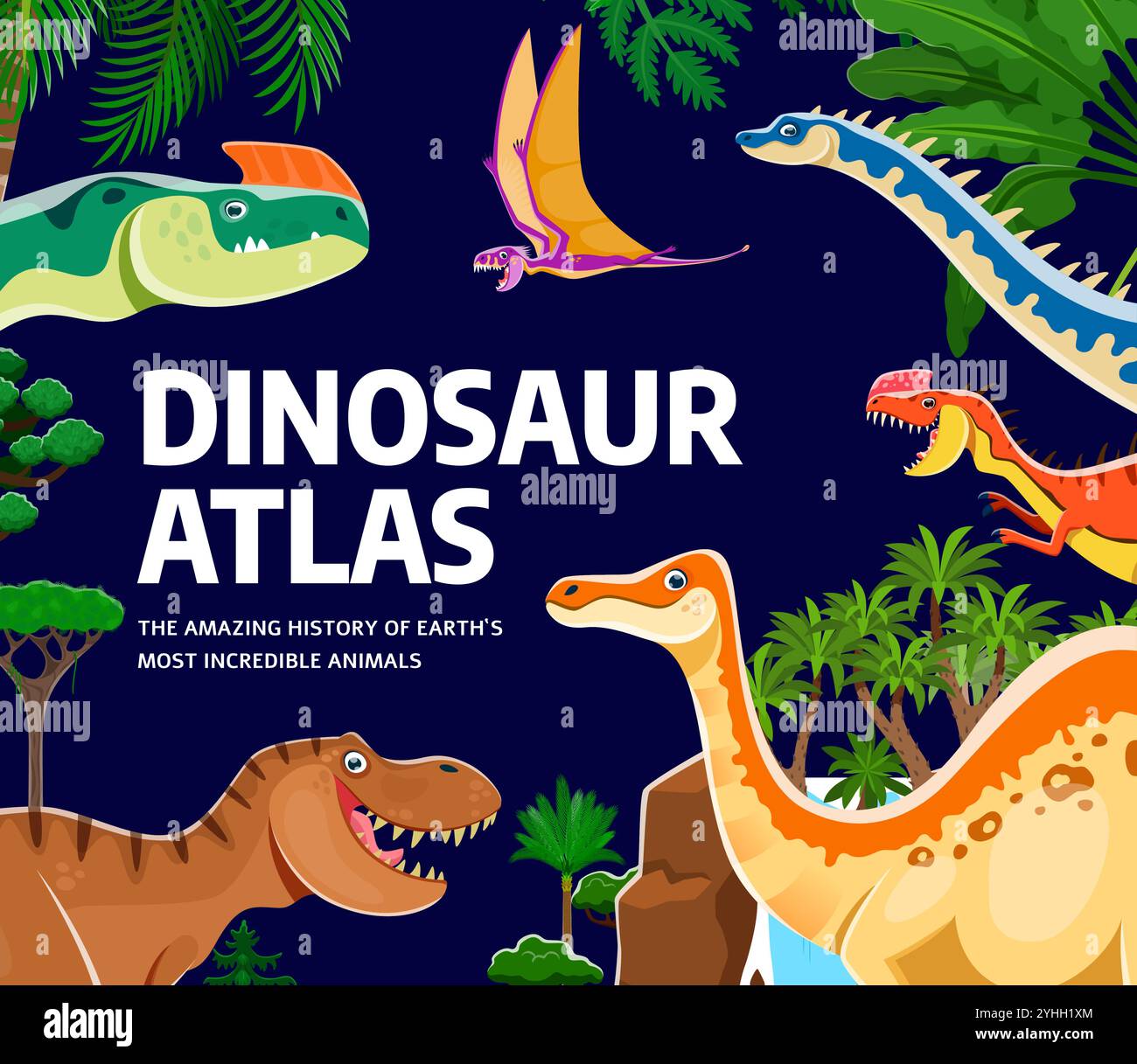 Atlas book cover with prehistoric dinosaurs characters vector ...