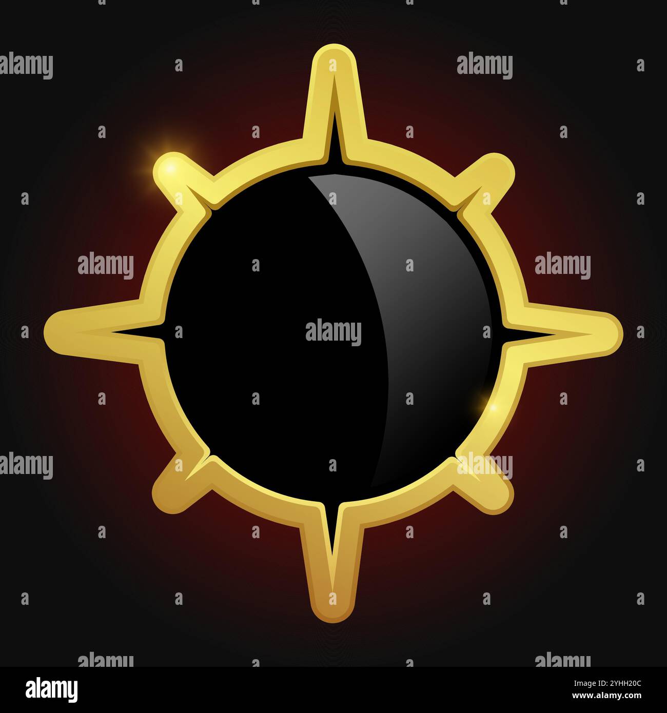 Black shield with glossy bright golden frame isolated on red background ...