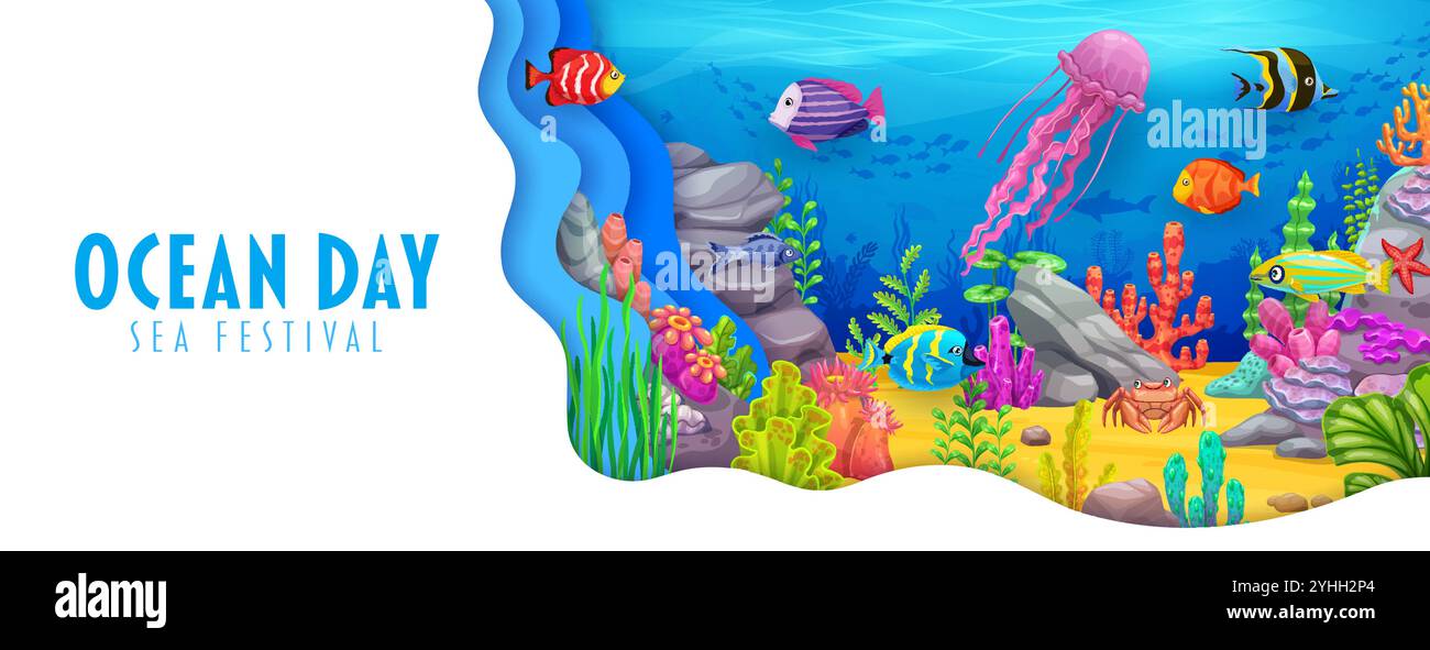 World ocean day paper cut underwater landscape banner with sea animals ...
