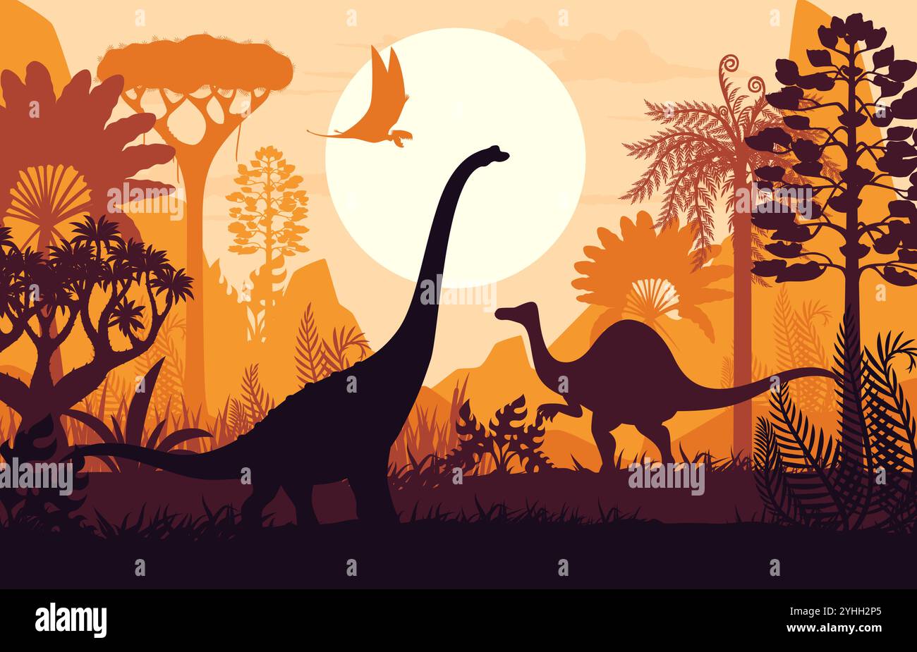 Dinosaurs silhouettes at sunset landscape in Jurassic era forest ...