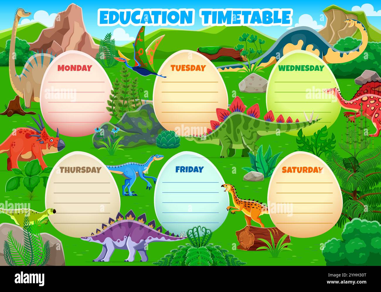 Education timetable schedule with prehistoric dinosaurs characters ...