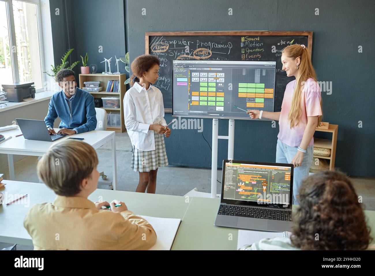 Wide angle view at school classroom with IT programming lesson in ...