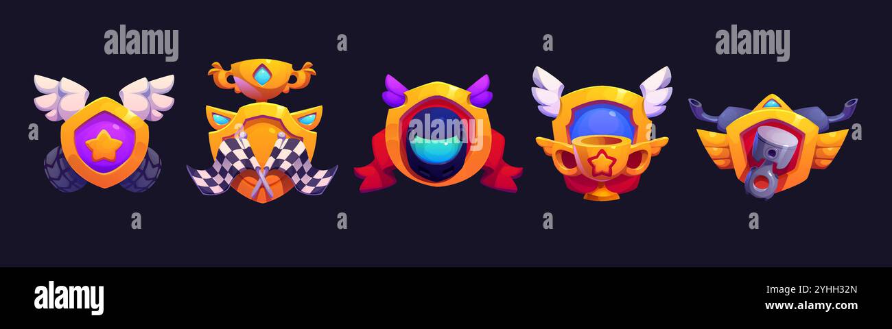 Motor and car racing rank award badges with wings, stars, checkered ...
