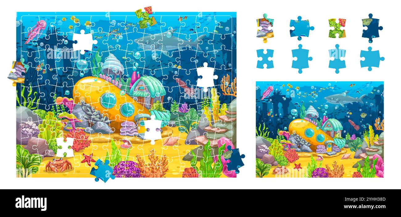 Jigsaw puzzle game pieces of underwater landscape with sunken submarine ...
