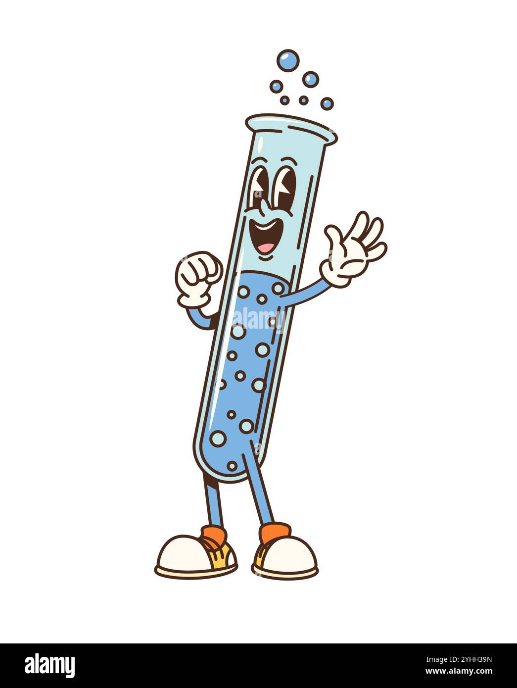 Cartoon groovy school test tube flask character. Retro chemical vial ...