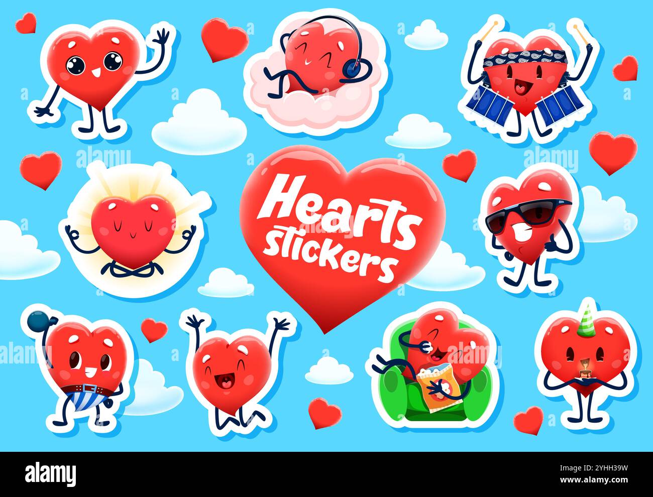Valentine love heart characters stickers. Vector set of cartoon playful ...