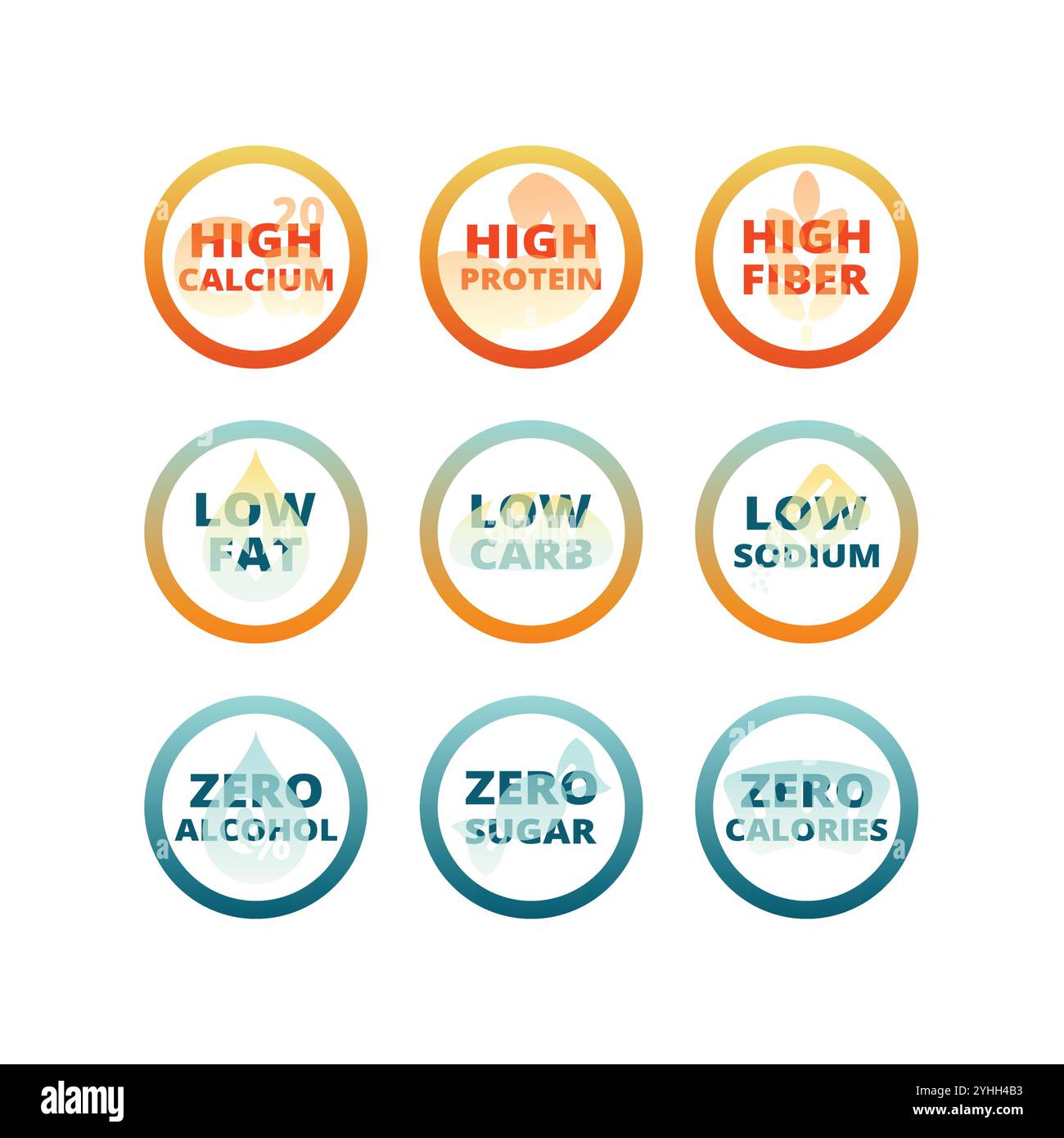 High protein and fiber, low fat and carbs label set. Zero alcohol and ...