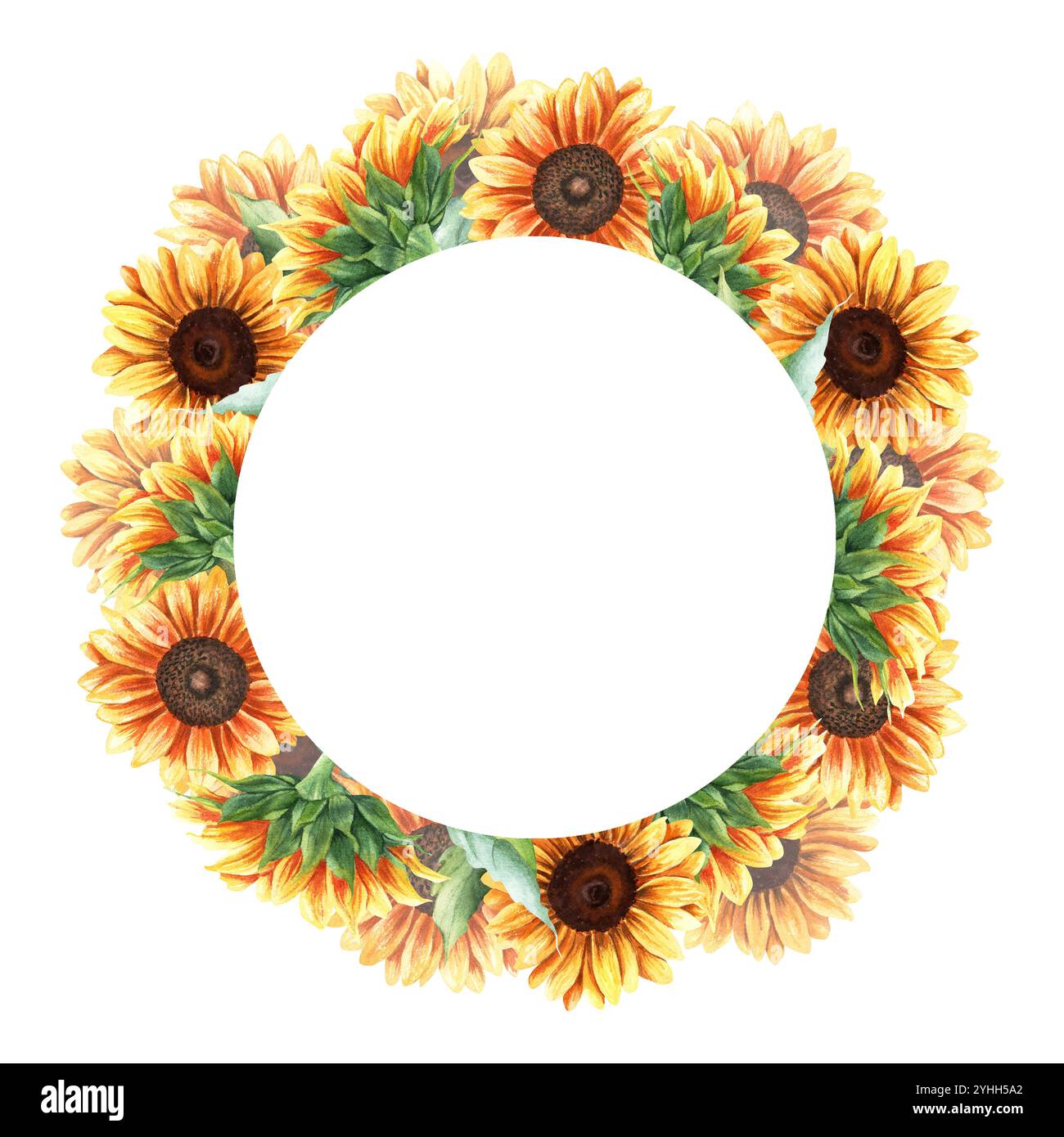 Watercolor round composition, frame, template with yellow sunflowers ...