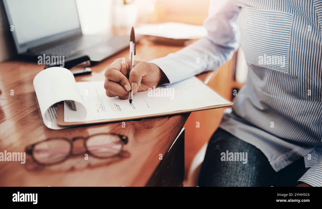 Clipboard, notes and hands of business person in office for planning ...