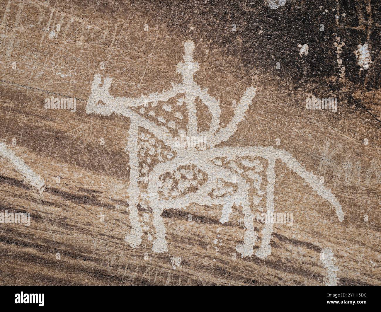 Closeup view of ancient horse and rider rock carving: detail of silk ...