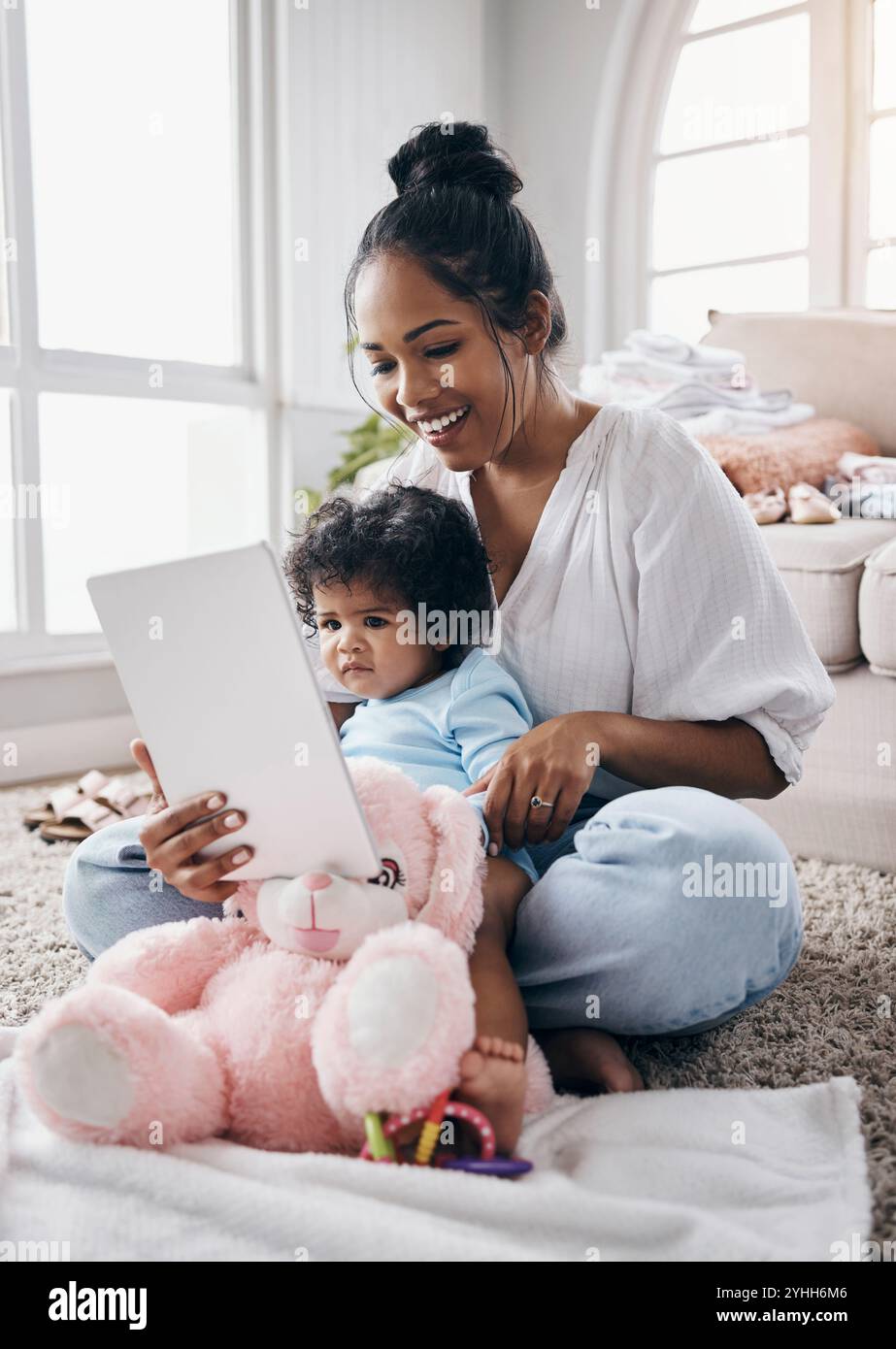 Happy, tablet or mom with baby in bed for streaming movies, video or ...