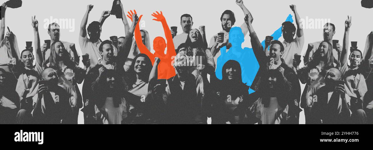 Contemporary art collage. Lively crowd, with two people highlighted ...