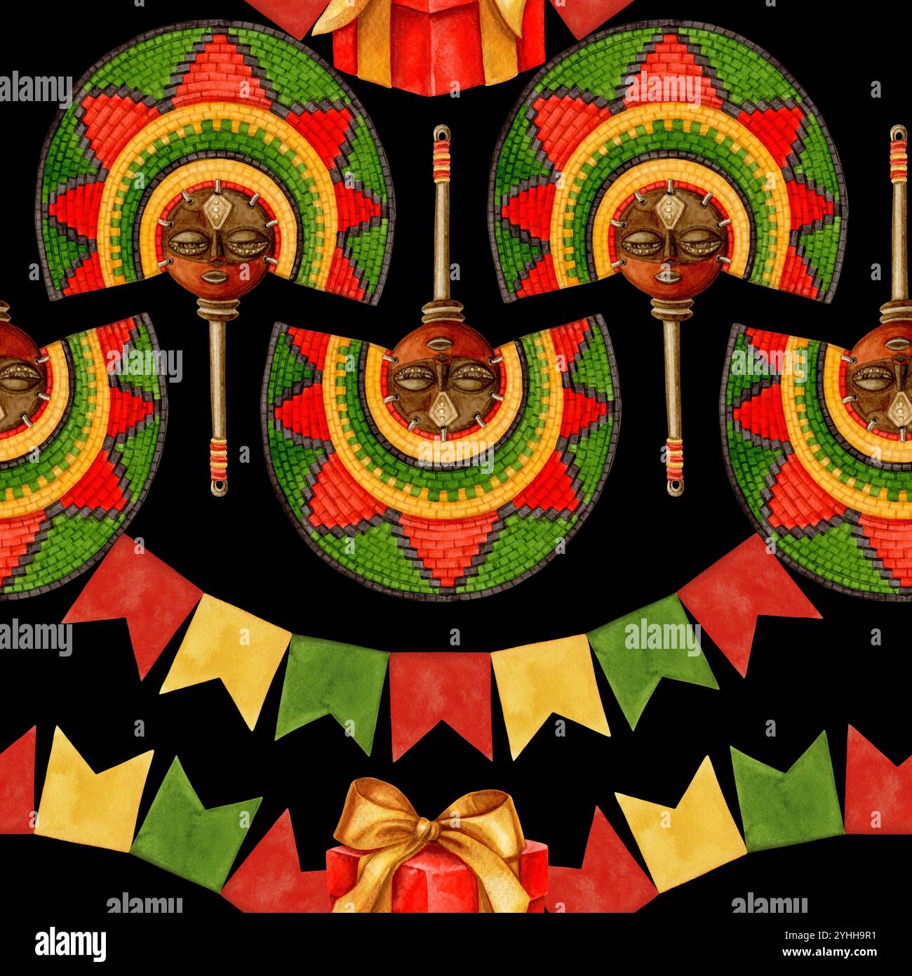 Kwanzaa seamless pattern of curved African fan and paper pennant ...