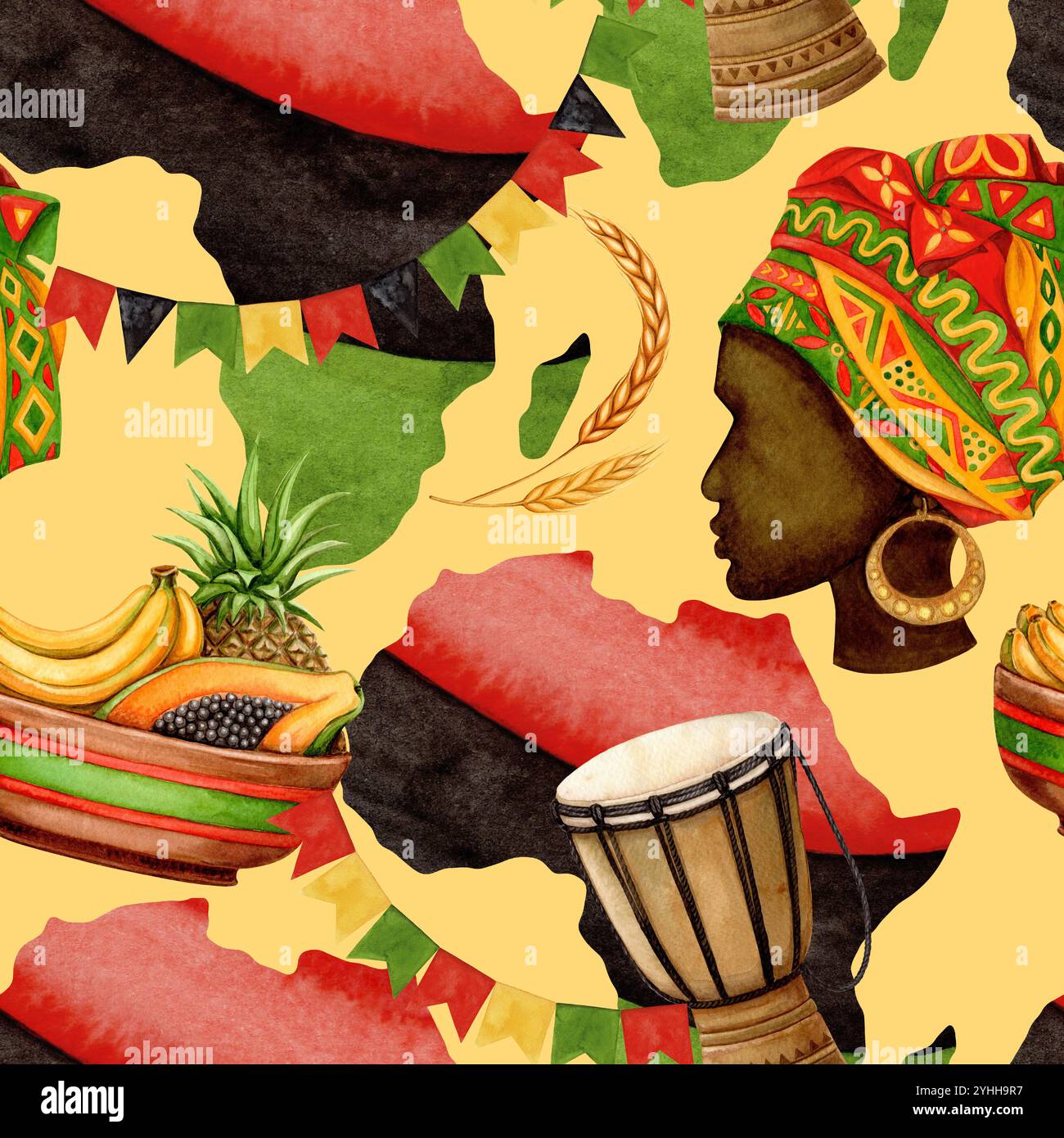 Kwanzaa seamless pattern of scattered African map, drum and black woman ...