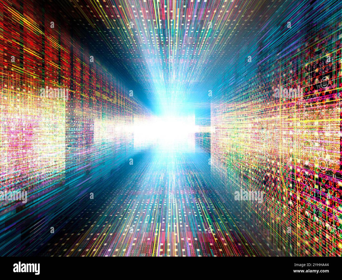 Corridor of radiating light and circuits Stock Photo - Alamy