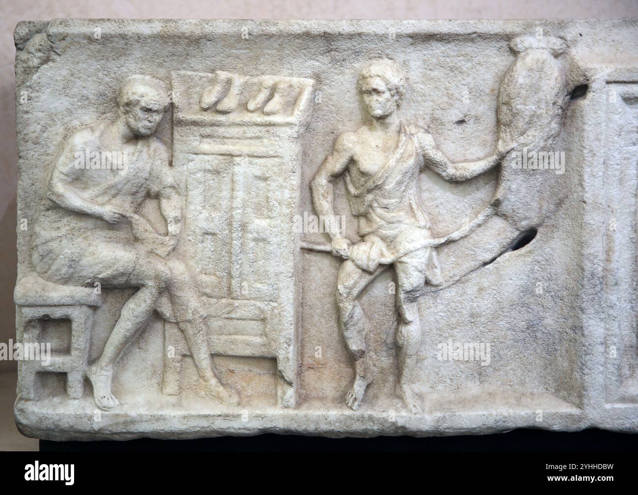 Roman sarcopahgus of Titus Flavius Trophimas. Craftsmen at work ...