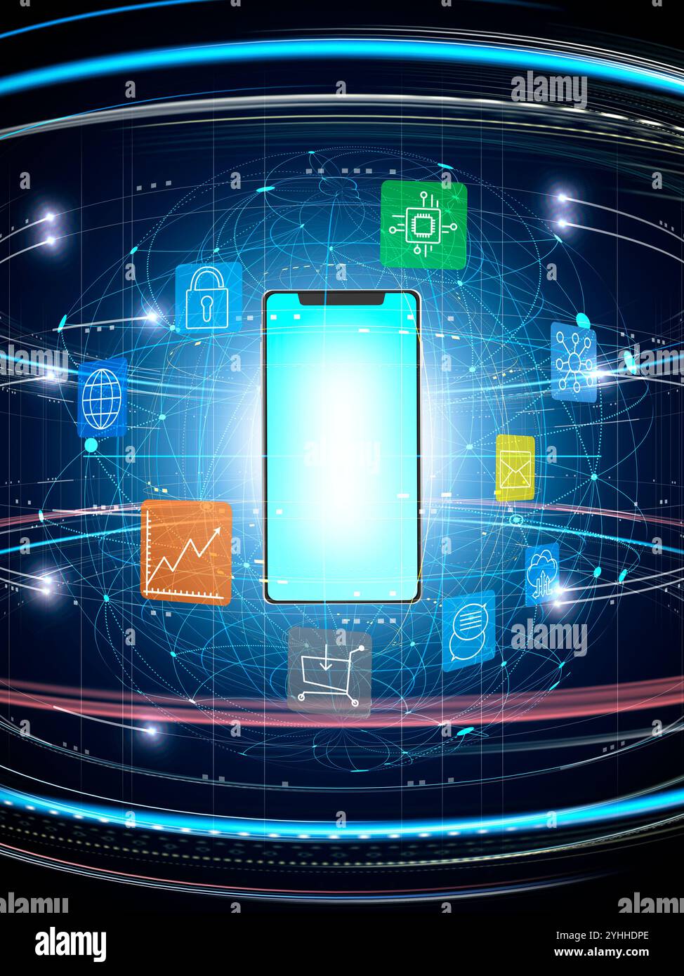 Various content icons floating around the phone Stock Photo - Alamy